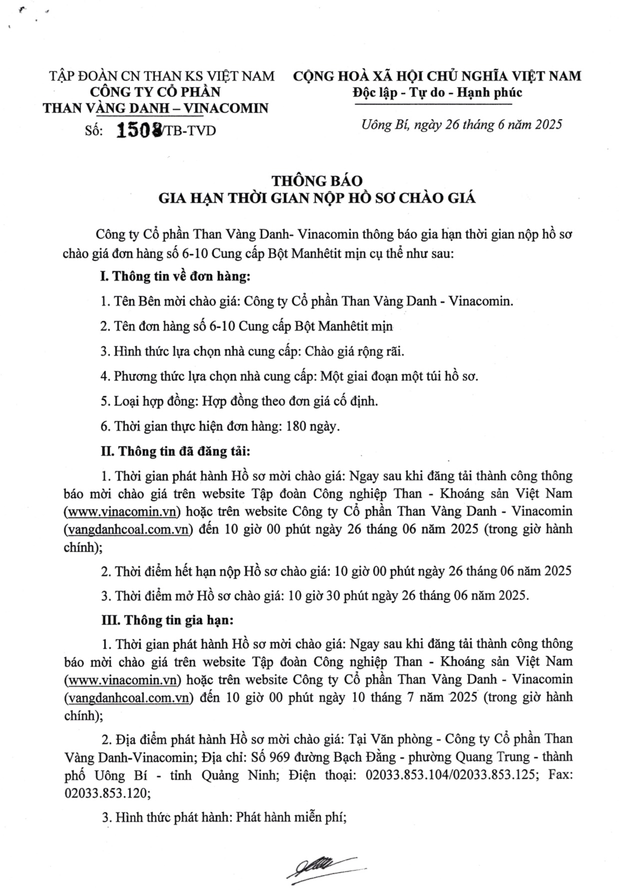Thông báo gia hạn nộ hồ sơ cung cấp bột manhetit mịn | Công ty Cổ phần ...